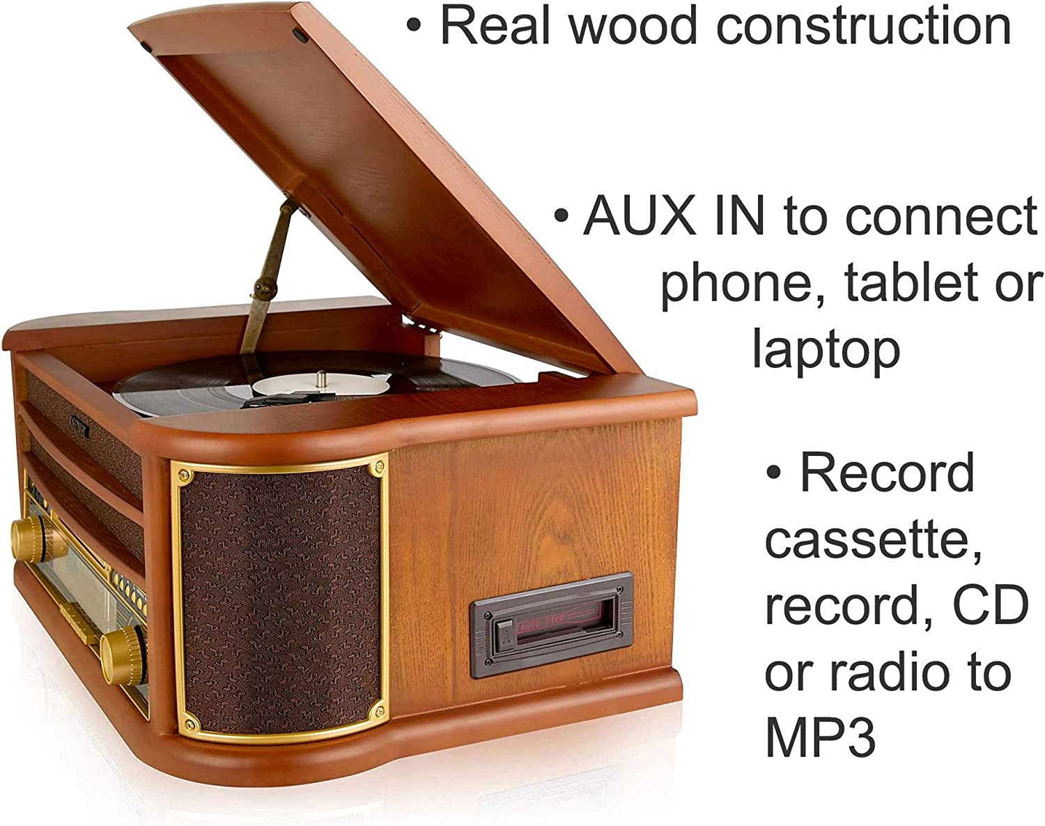 Denver MCR-50 8-in-1 CD Cassette Player Retro Wooden Record Player HiFi ...