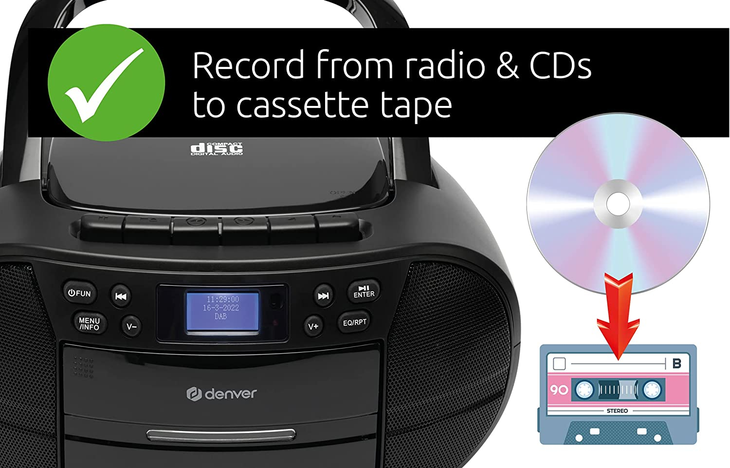 Denver TDC-280 DAB Portable CD Player And Cassette Player Boombox, CD ...
