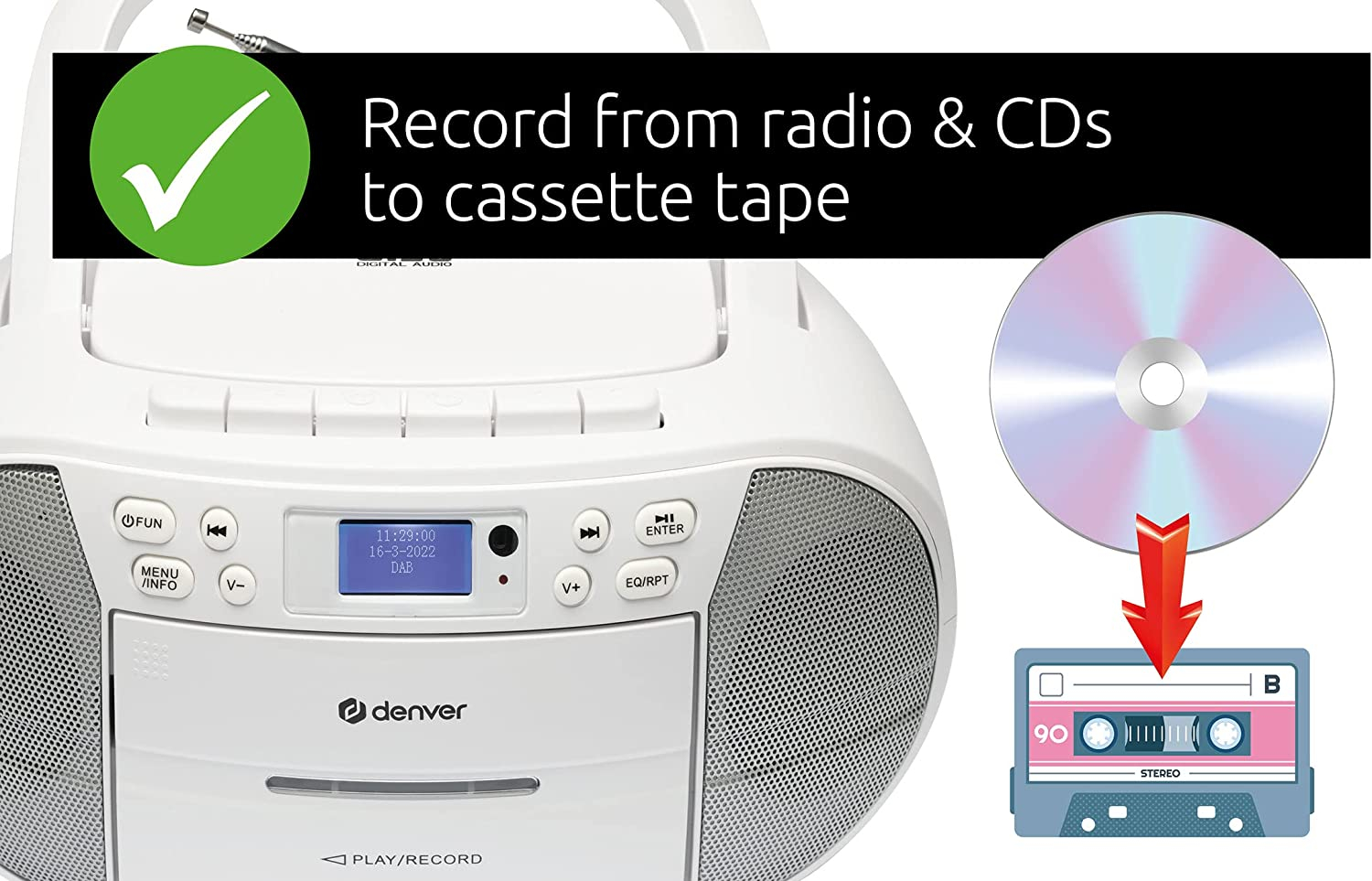 Denver TDC-280 DAB Portable CD Player And Cassette Player Boombox, CD ...